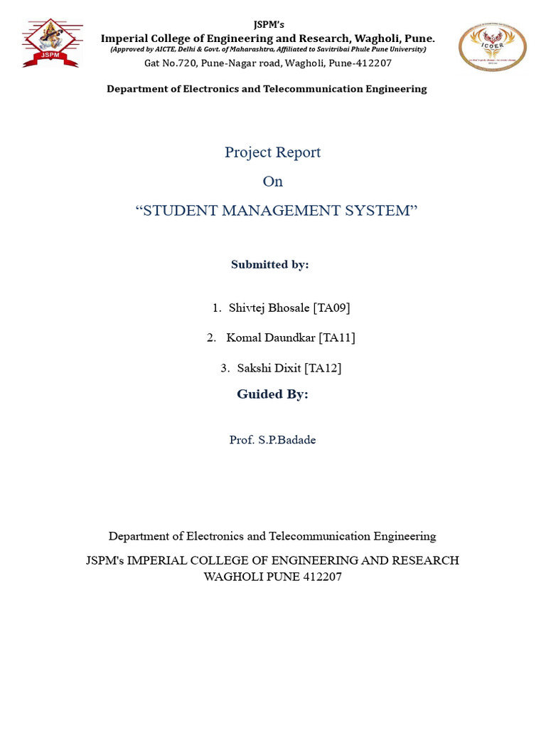 Student Management System Project Report | PDF
