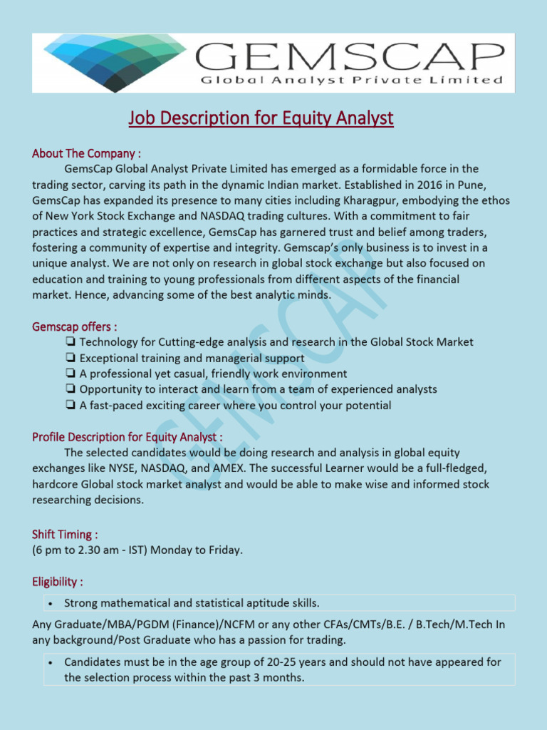 Job Description Equity Analyst Gemscap | PDF | Business