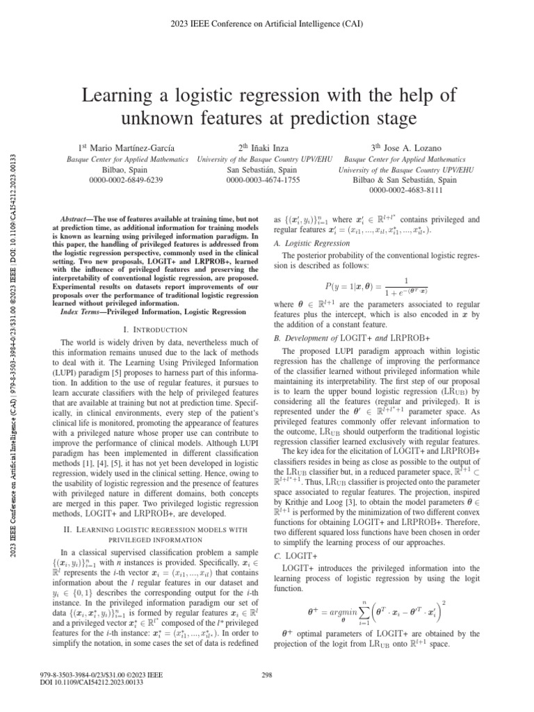 Learning A Logistic Regression With The Help of Unknown Features at Prediction Stage | PDF ...
