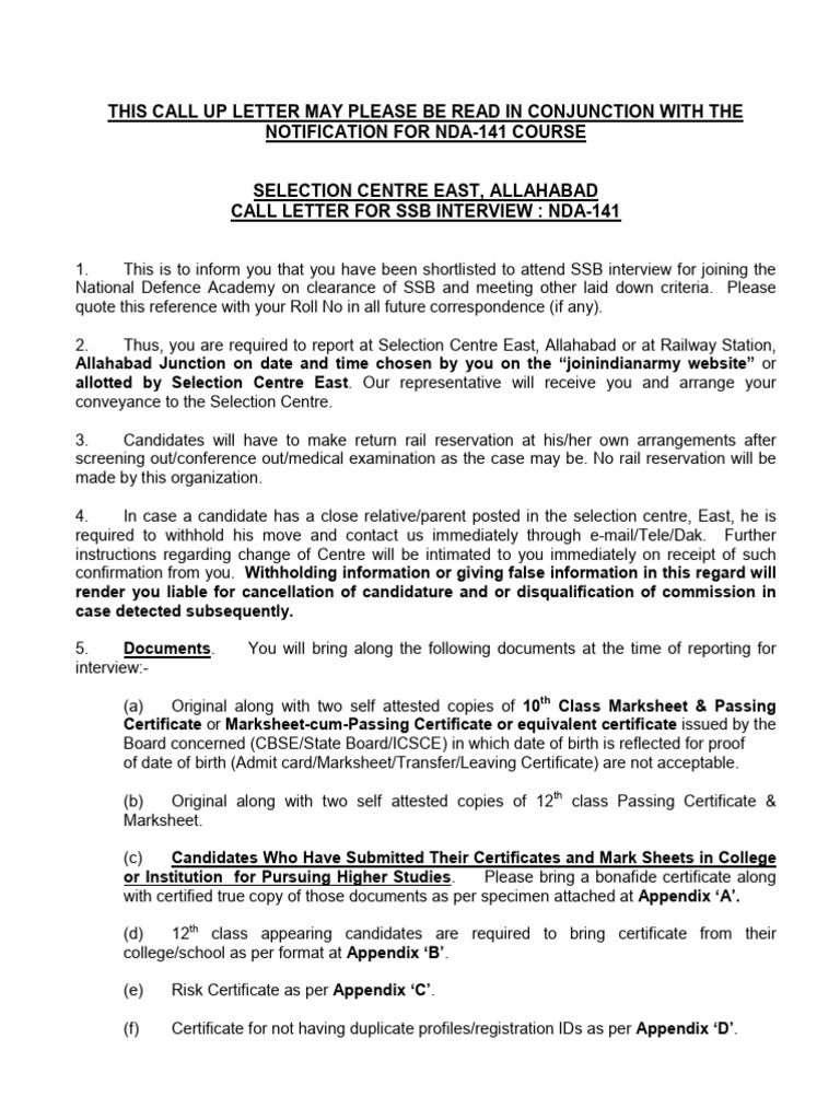NDA-141 SSB Interview Call Letter | PDF | Identity Document