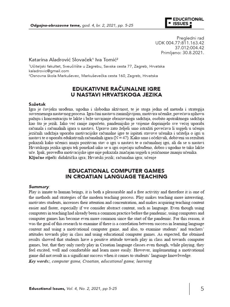 Aladrović Tomić Edukativne Računalne Igre | PDF