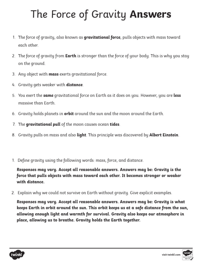 Answers The Force of Gravity Activity For Middle School | PDF