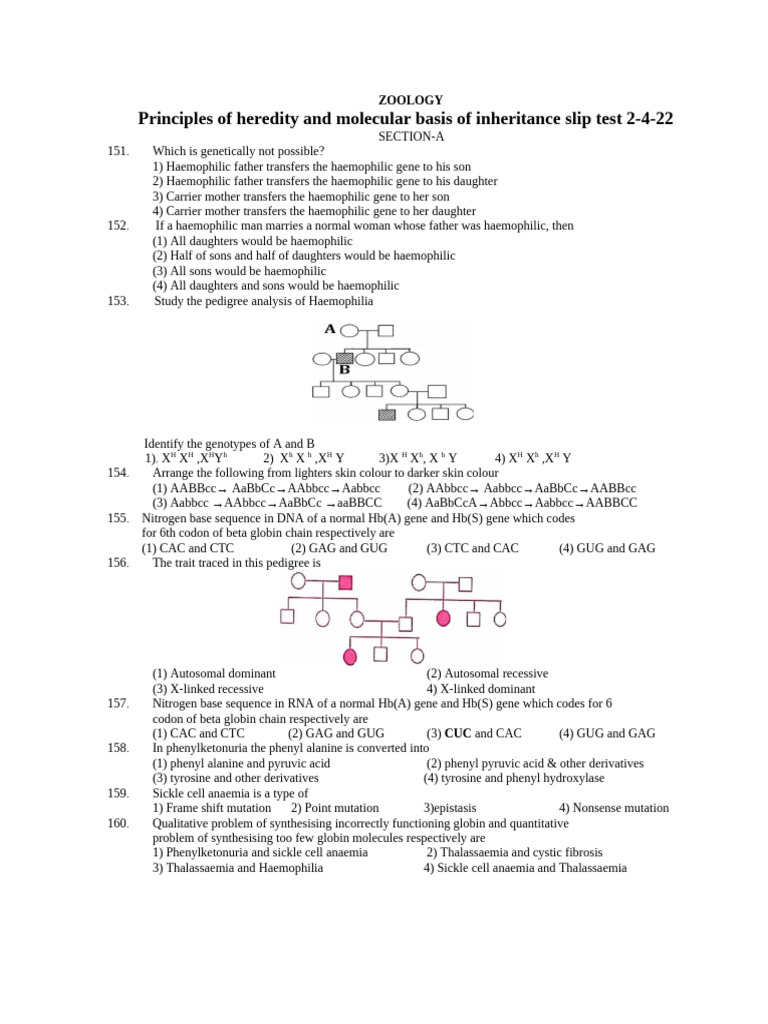 Principles of Heredity and Molecular Basis of Inheritance Slip Test 2-4 ...