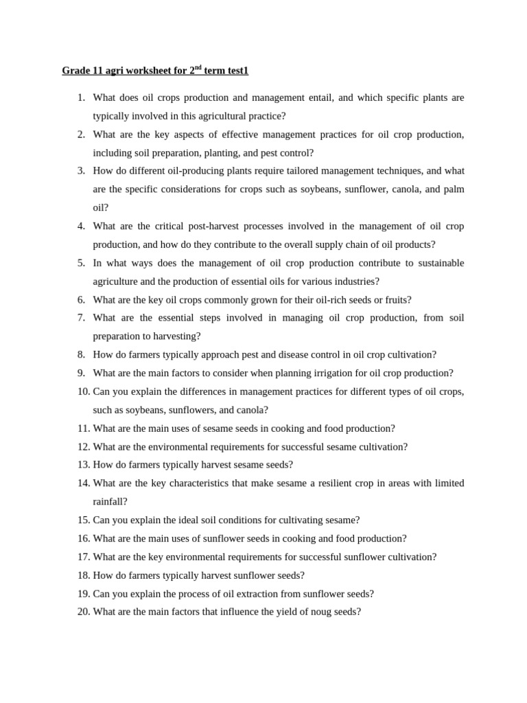 Term2 g11 Agri Question WORKSHEET | PDF | Crops | Agriculture