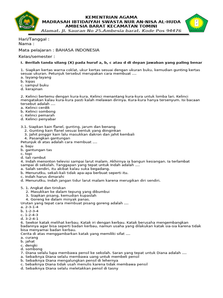 Soal UAS Bahasa Indonesia Kelas 3 Semester 1 | PDF