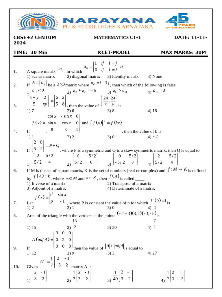 Cbse+2 Centum CT-1 Mathematics Kcet Model QP - 11.11.2024 | PDF | Matrix (Mathematics ...
