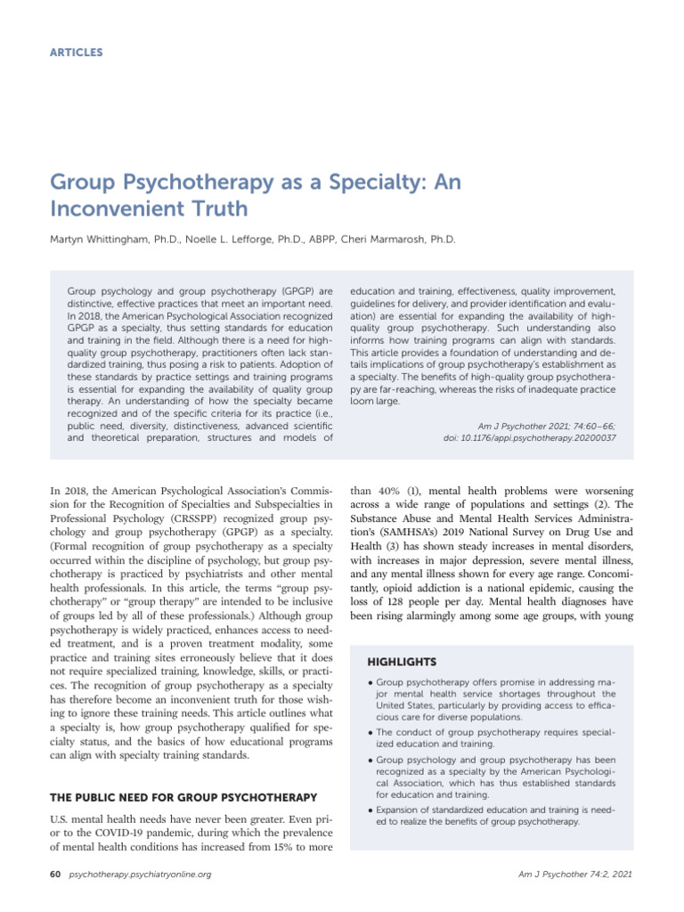 Whittingham Et Al 2021 Group Psychotherapy As A Specialty An Inconvenient Truth | PDF ...