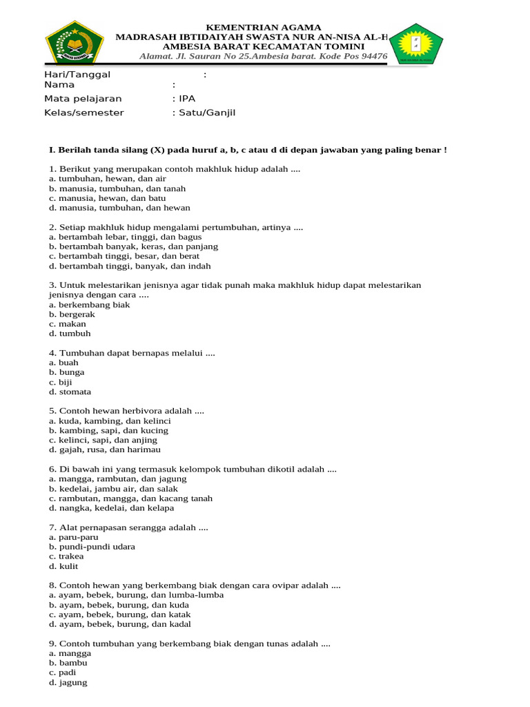 Soal UAS IPA Kelas 3 Semester 1 | PDF