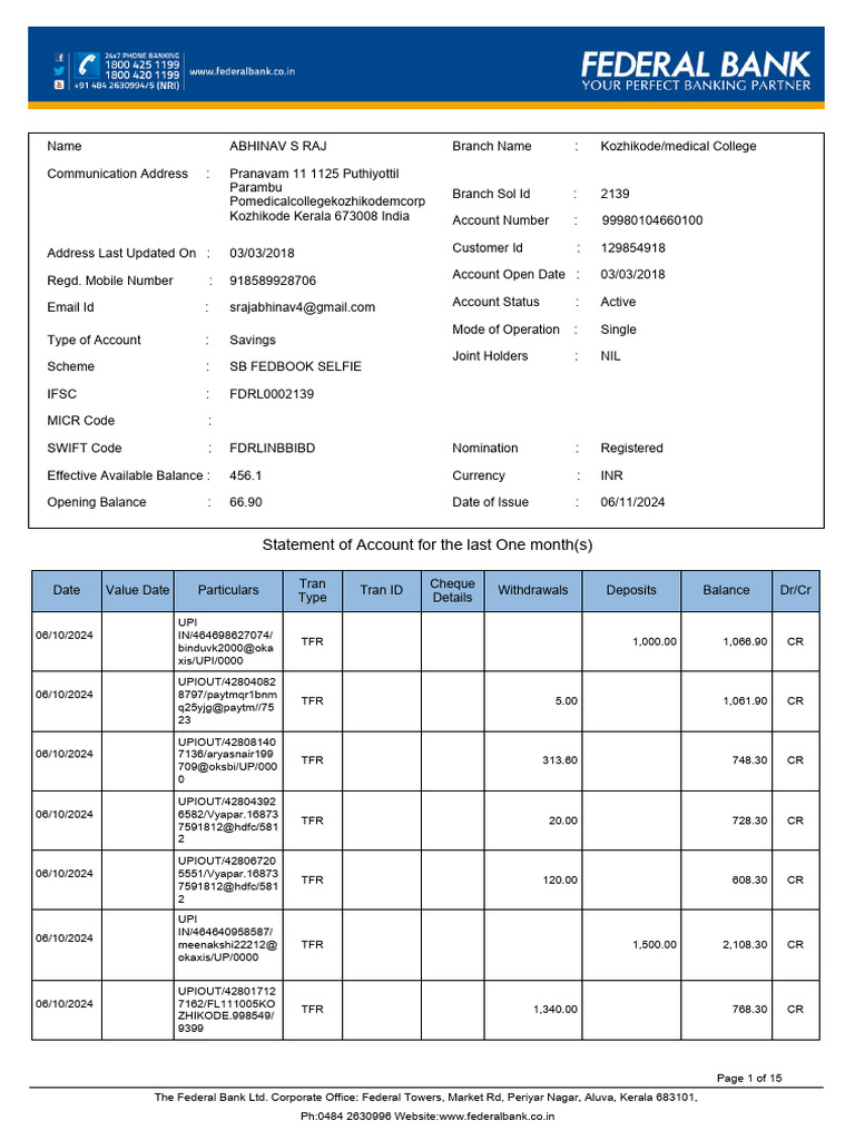 Federal Bank Savings Account Statement | PDF | Cheque | Payments