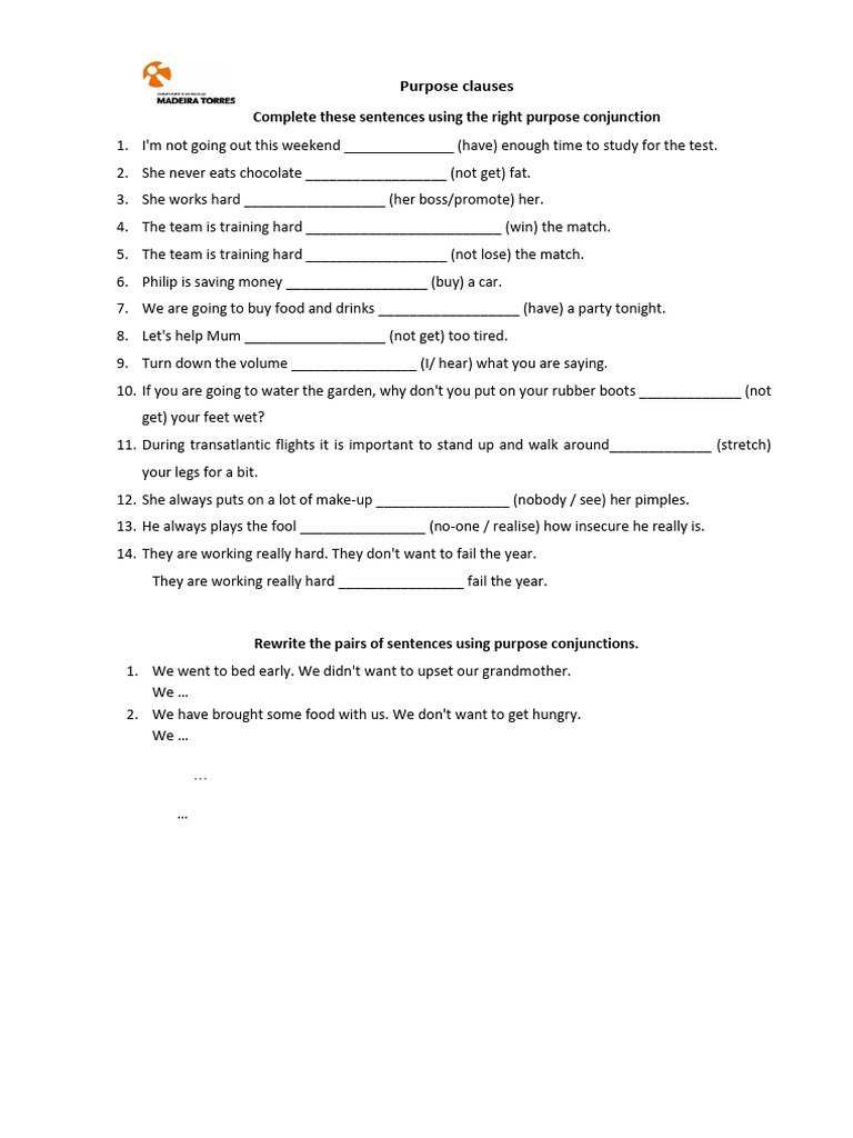 Purpose Clauses-Exercises With Key | PDF