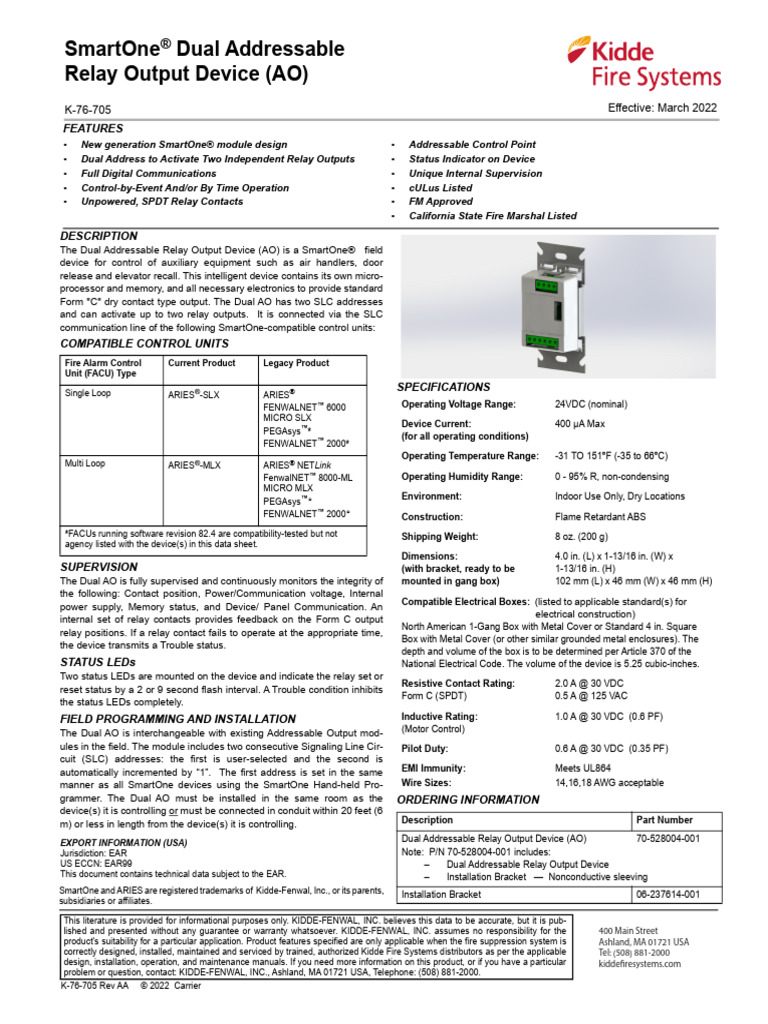 Kidde SmartOne Dual Addressable Relay Output Device K-76-705 | PDF ...