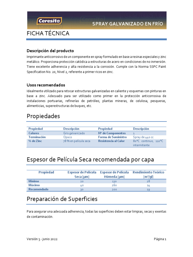 Spray Galvanizado en Frío: Ficha Técnica | PDF | Zinc | Acero
