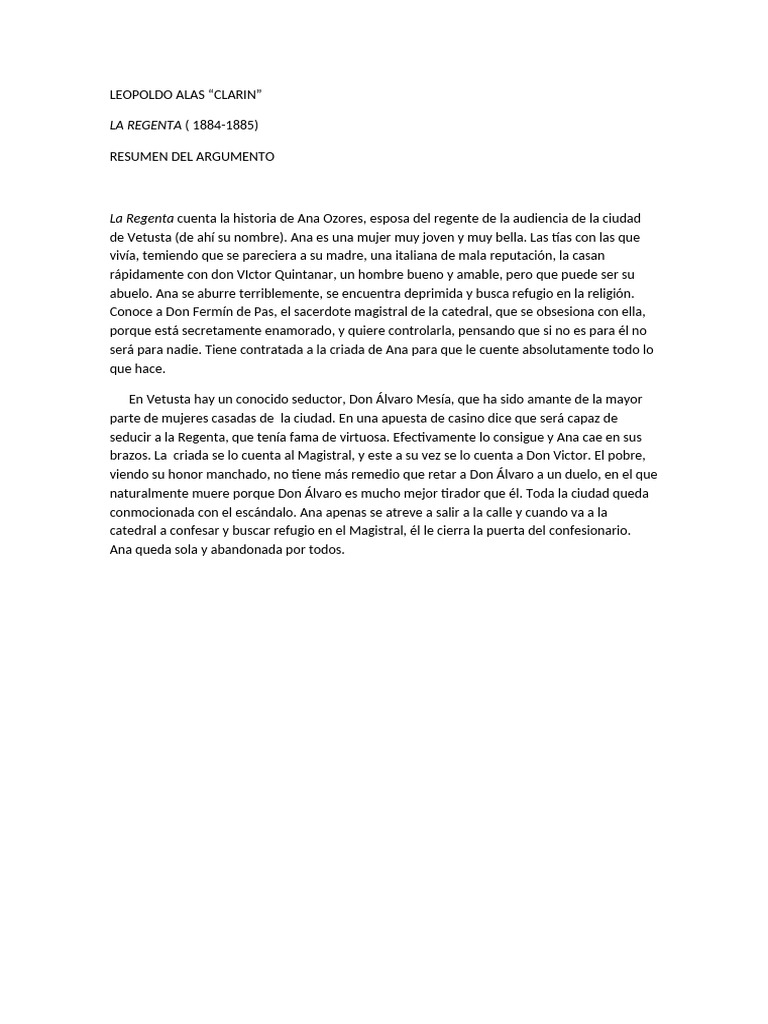 Resumen de "La Regenta" | PDF