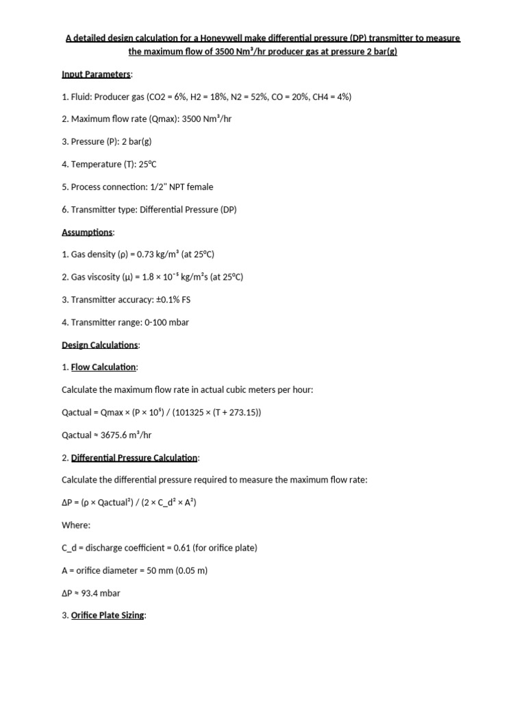 A detailed design calculation for a Honeywell make differential ...