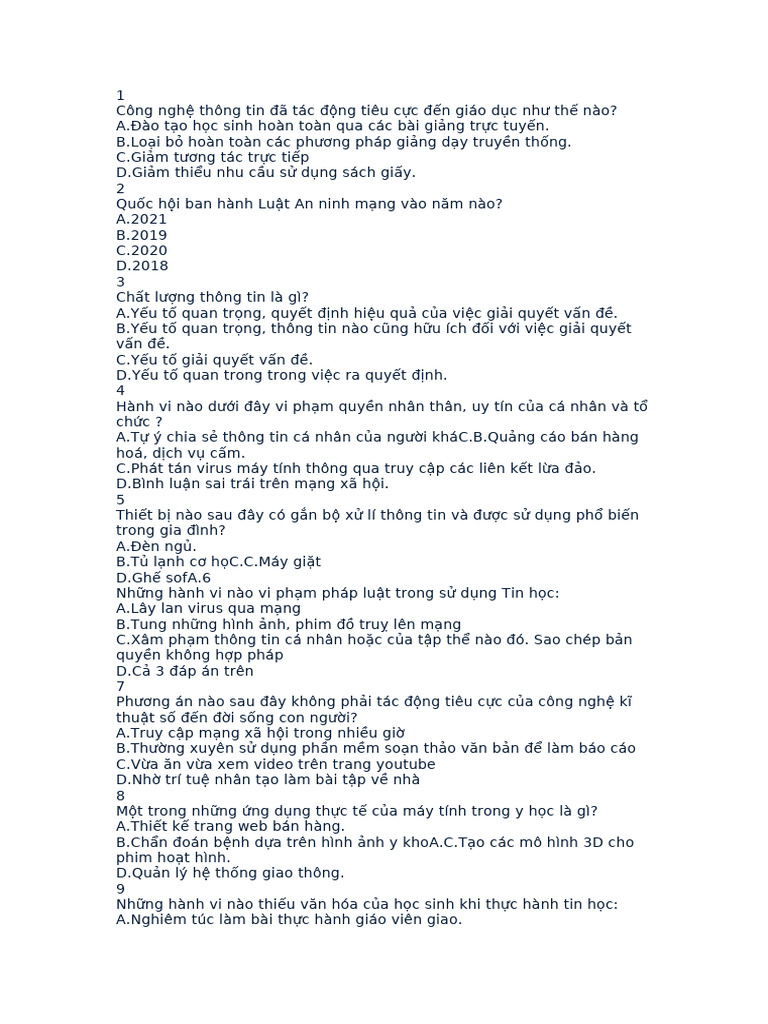 Đề cương tin học lớp 9 gk I | PDF