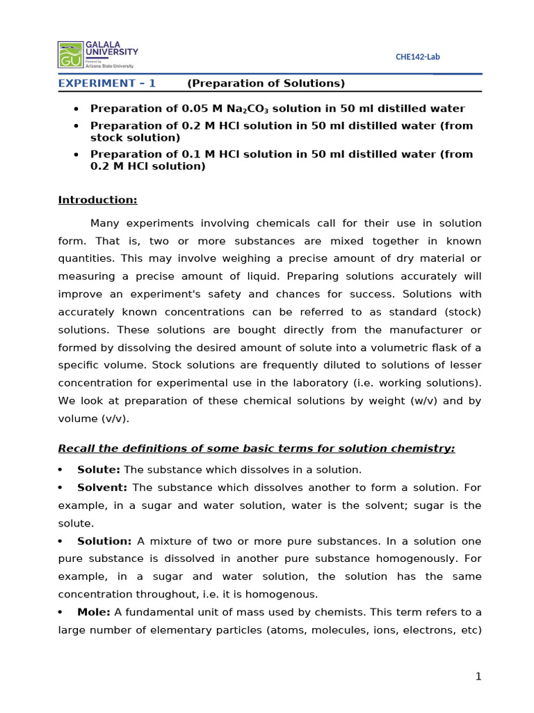 Experiment-1 +Solutions+Preparation | PDF | Mole (Unit) | Chemical ...