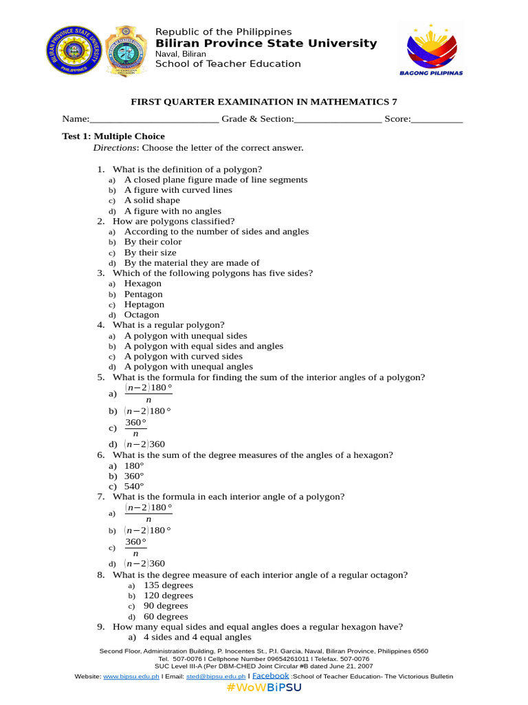 Final 7 Math Examination | PDF | Polygon | Triangle