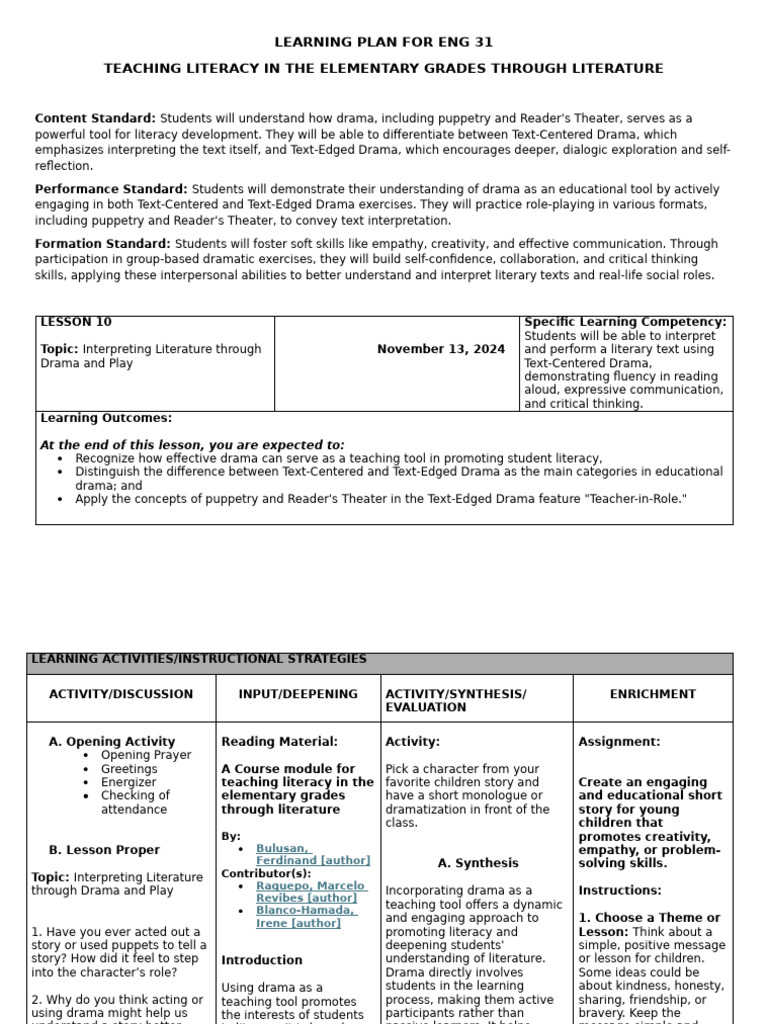 Teaching Literacy through Drama | PDF | Literacy | Learning