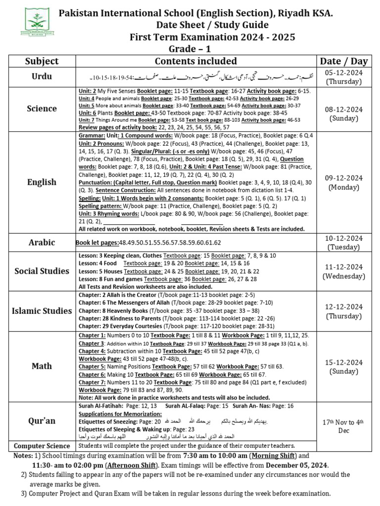 Grade 1 Exam Study Guide | PDF | Surah | Books