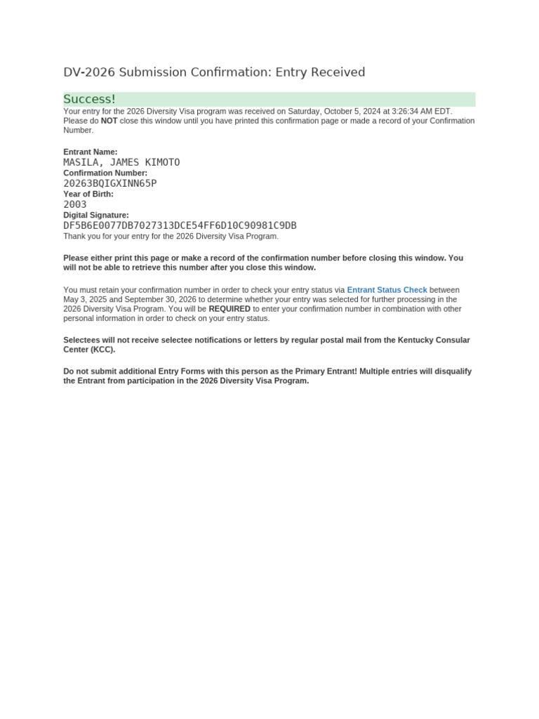 Success!: DV-2026 Submission Confirmation: Entry Received | PDF ...
