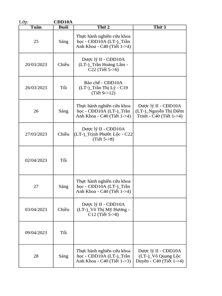 Lịch SV - D10 | PDF
