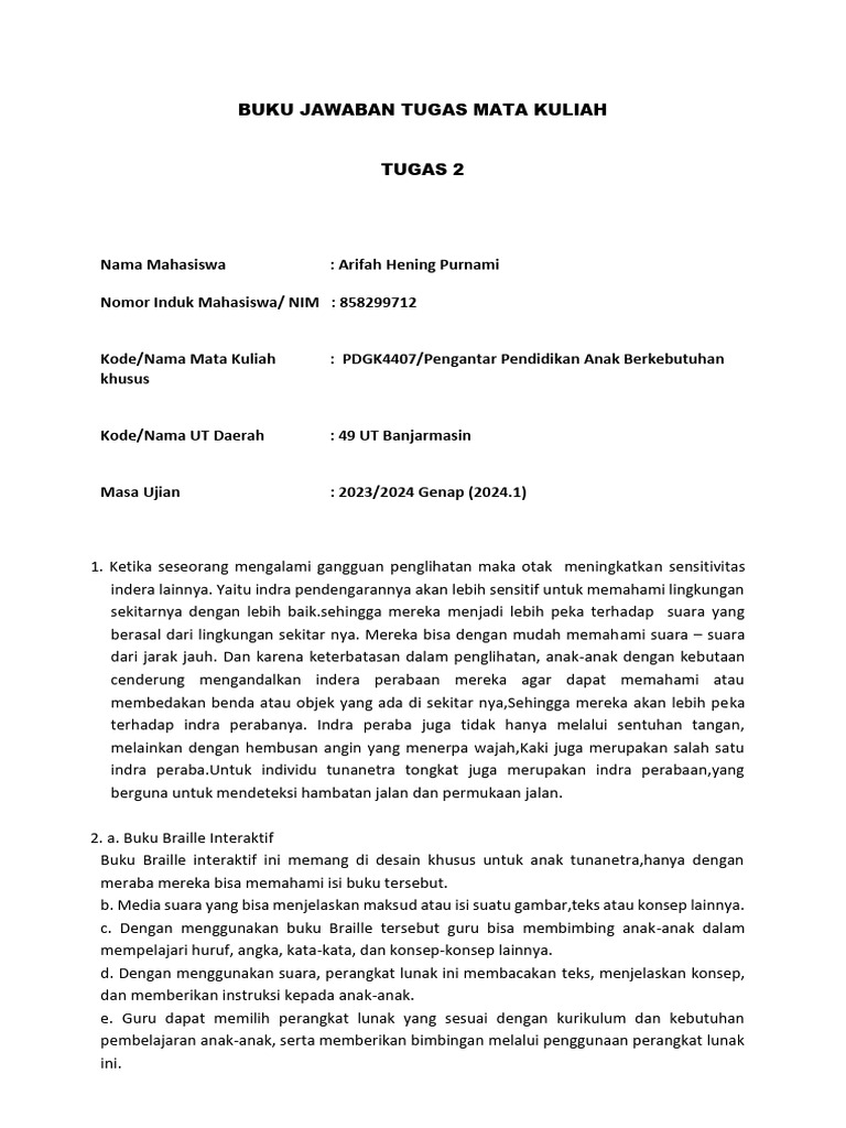 BUKU JAWABAN TUGAS MATA KULIAH TMK 2 Pengantar Pend. ABK | PDF | Karier & Perkembangan | Sains ...