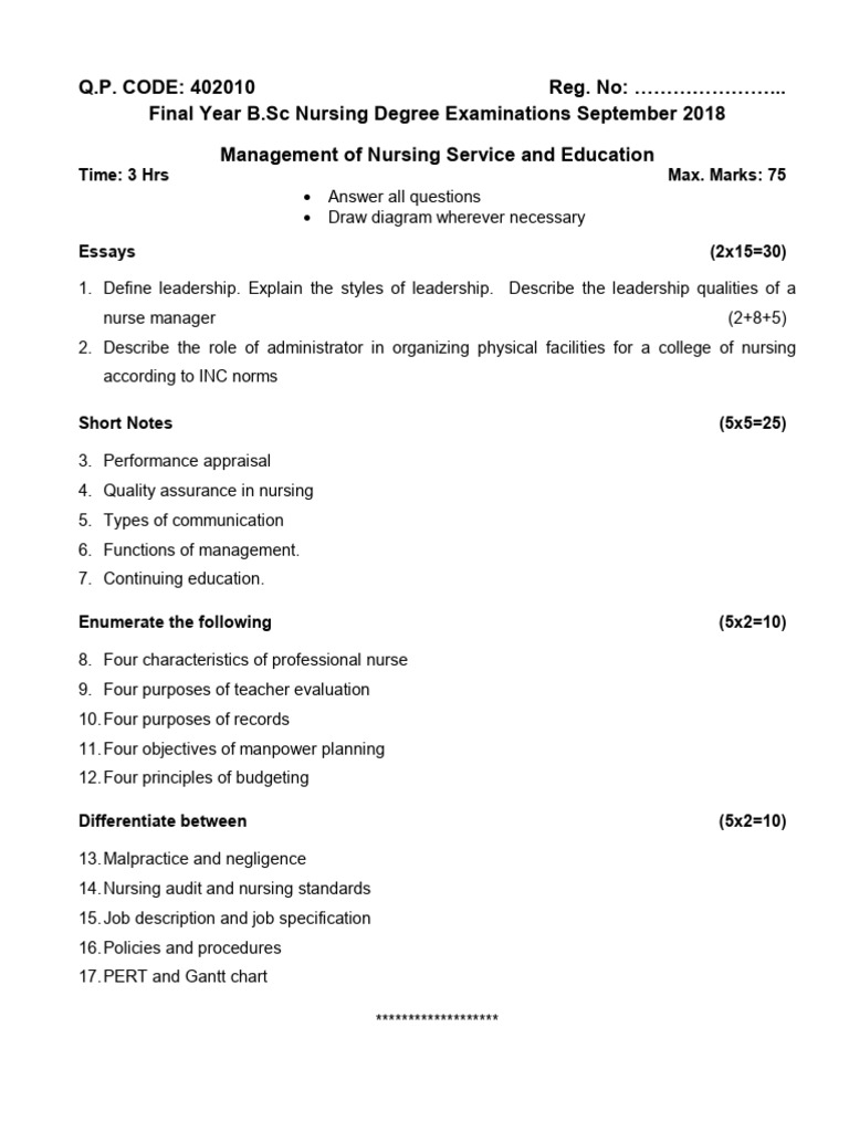 Q.P. CODE: 402010 Reg. No: ... Final Year B.SC Nursing Degree Examinations September 2018 ...