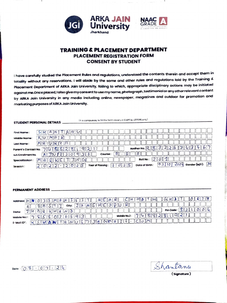 Student Placement Registration Form | PDF