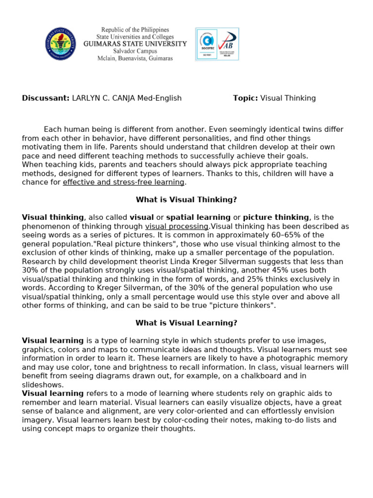 VISUAL-THINKING-LARLYN-CANJA | PDF | Learning | Cognitive Science