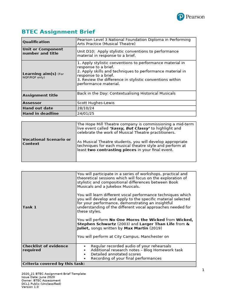 BTEC Assignment Brief Template - D10 | PDF
