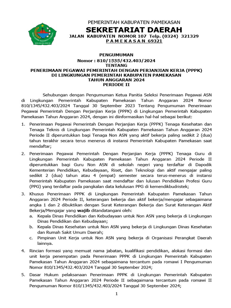 Pengumuman Penerimaan PPPK PMK 2024 Periode II | PDF
