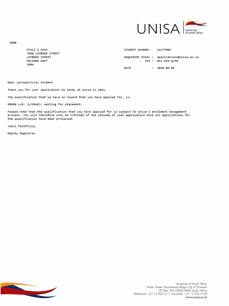 Unisa 2021 LLB Application Update | PDF