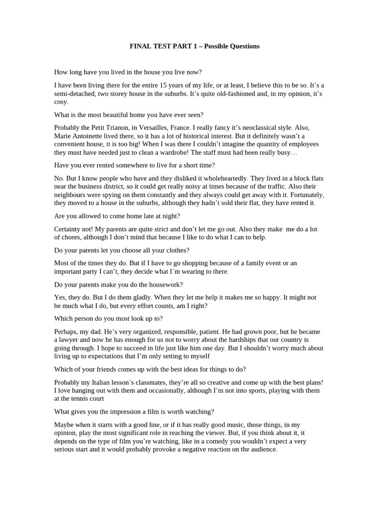 Final Test Part 1 - Possible Questions | PDF | Home & Garden