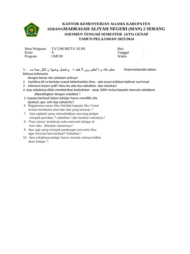 Asesmen MAN 2 Serang: Ta'lim Muta'alim | PDF | Karier & Perkembangan ...