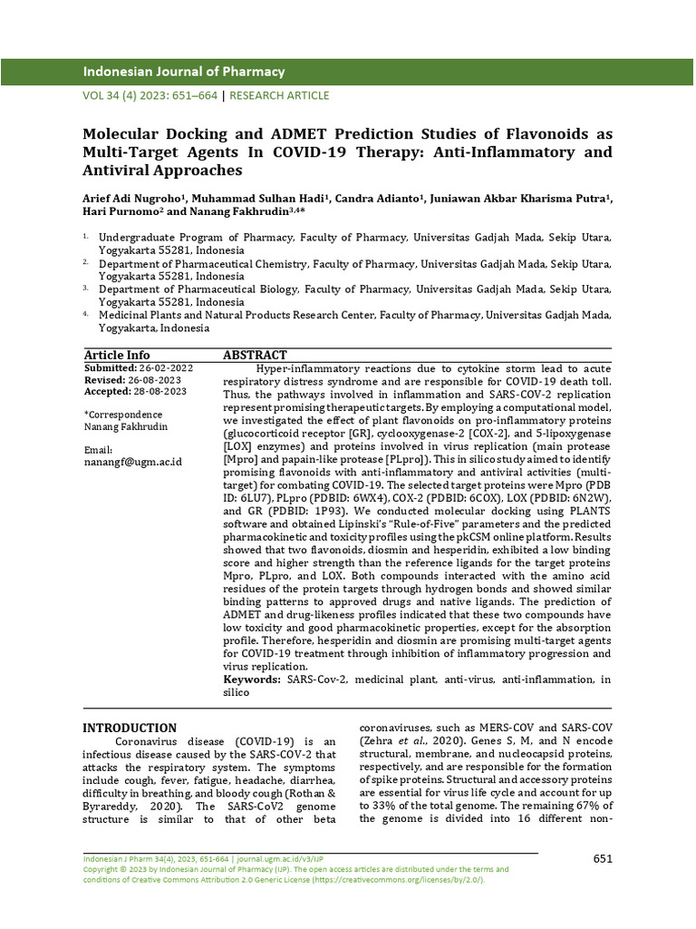 Molecular Docking and ADMET Prediction Studies of Flavonoids As Multi-Target Agents in COVID-19 ...