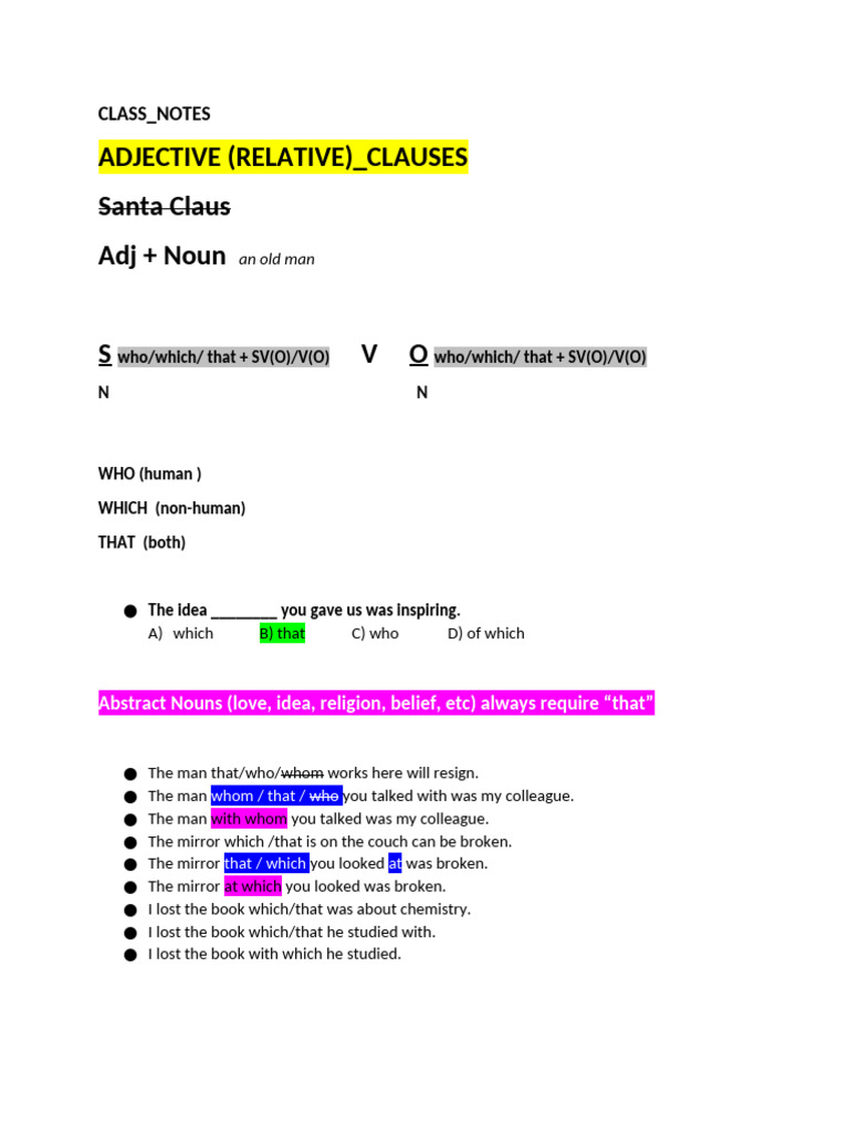 Class Notes Adjective Clauses | PDF | Linguistics | Syntax