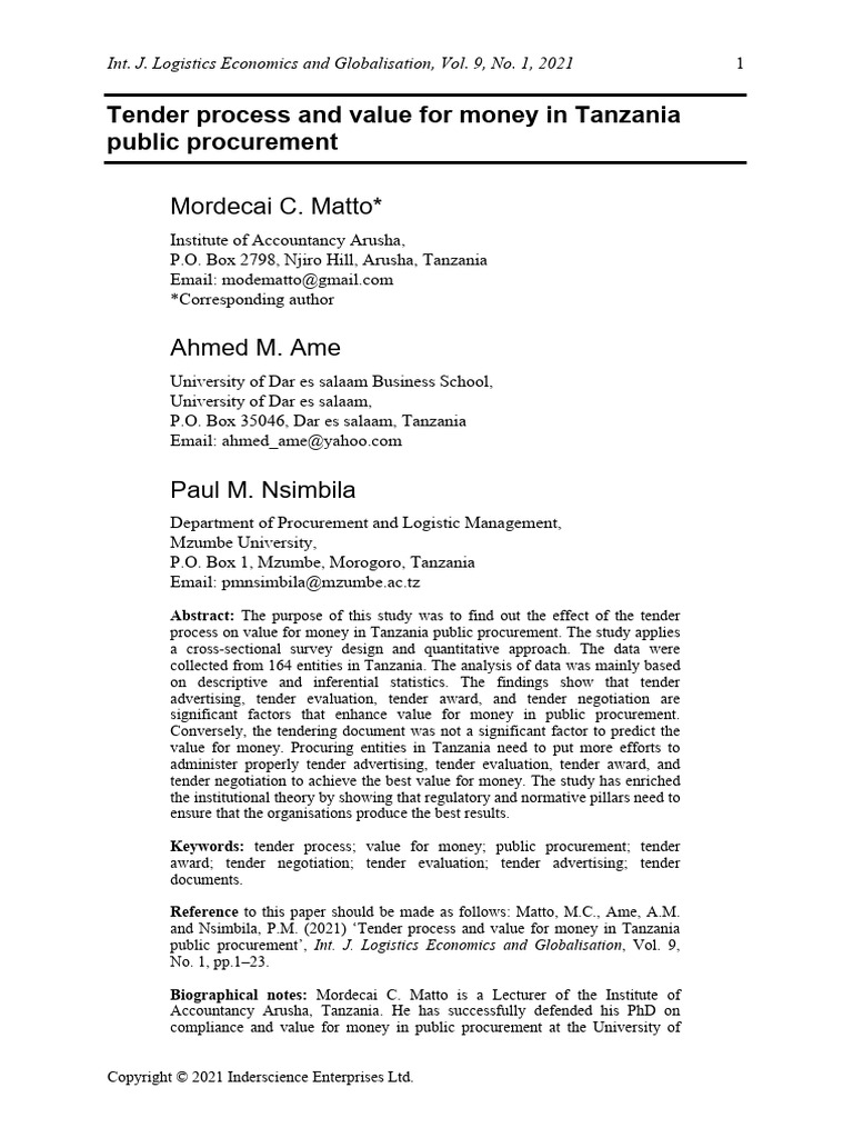 Tender Process and Value For Money in Ta | PDF | Coefficient Of ...