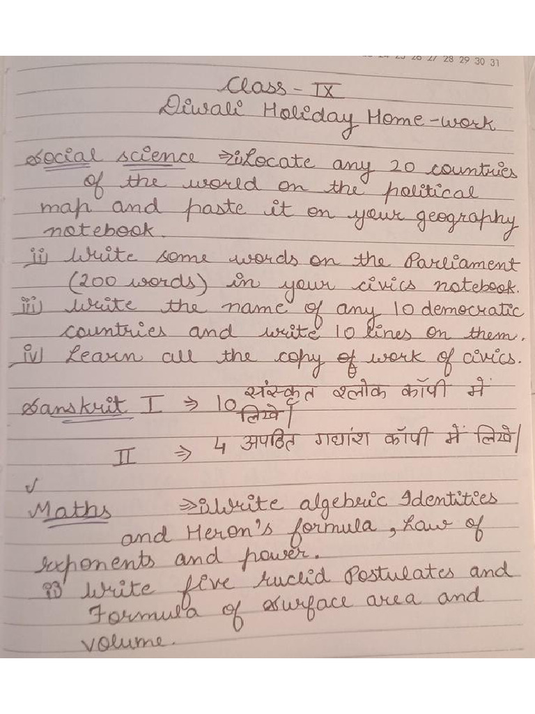 Class 9th Diwali Holiday Homework | PDF