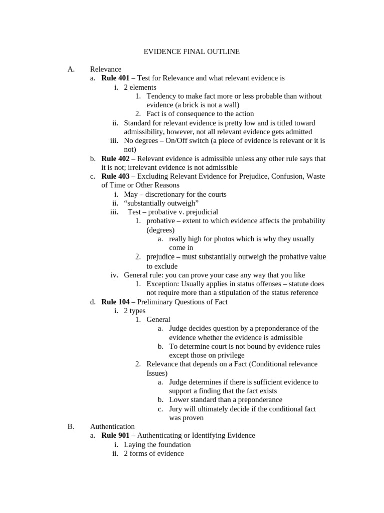 Evidence Final Outline | PDF | Evidence (Law) | Relevance (Law)