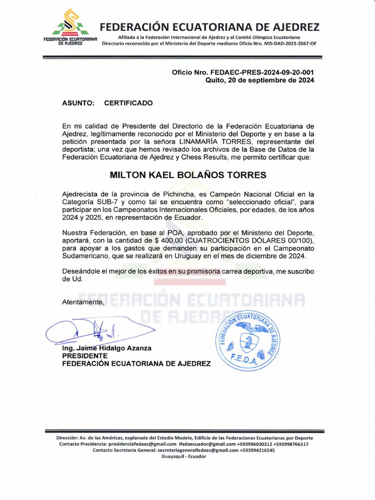 Oficio Fedaec-2024!09!020-001 - Certificado Milton Kael Bolaños-1 | PDF