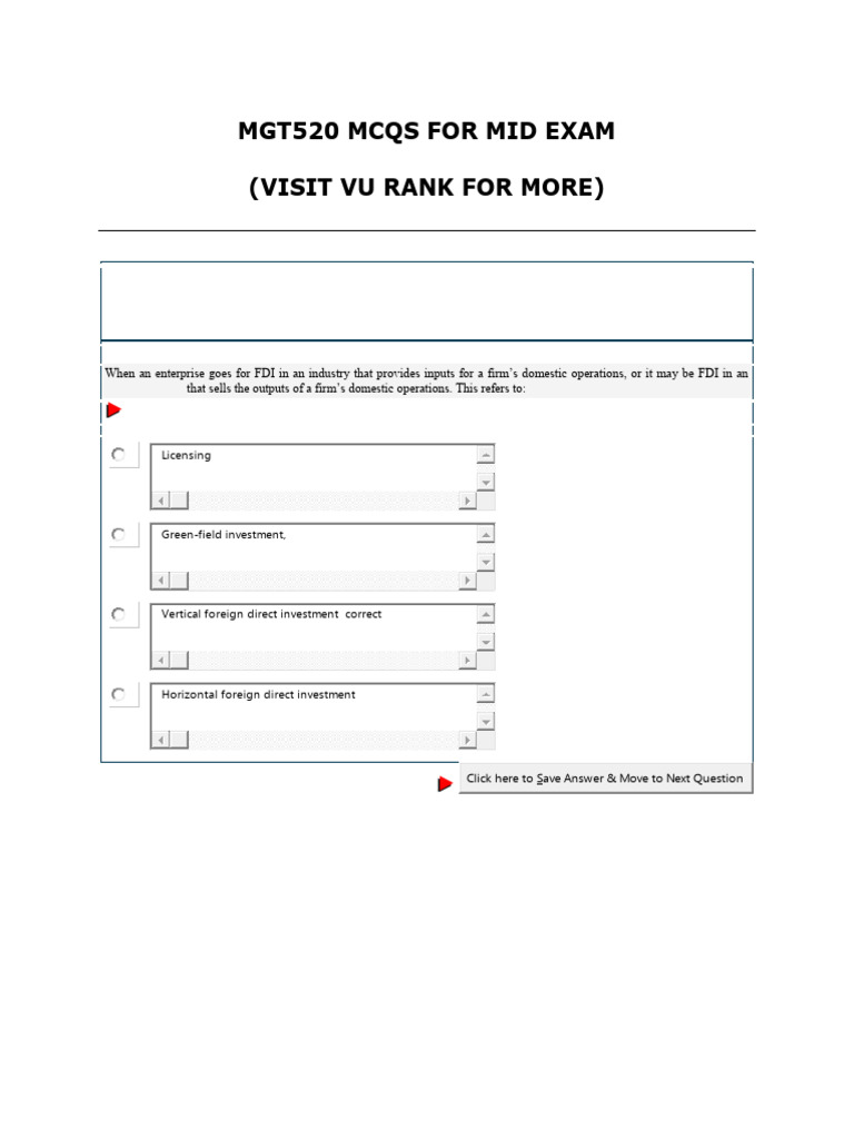 MGT520 Mid Term MCQS Downloaded Form Vurank | PDF | Foreign Direct ...