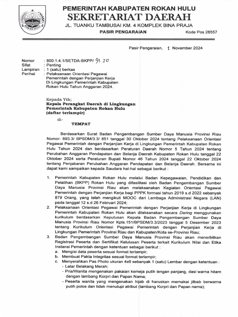 Surat Pemanggilan Peserta Orietansi PPPK 2024 | PDF