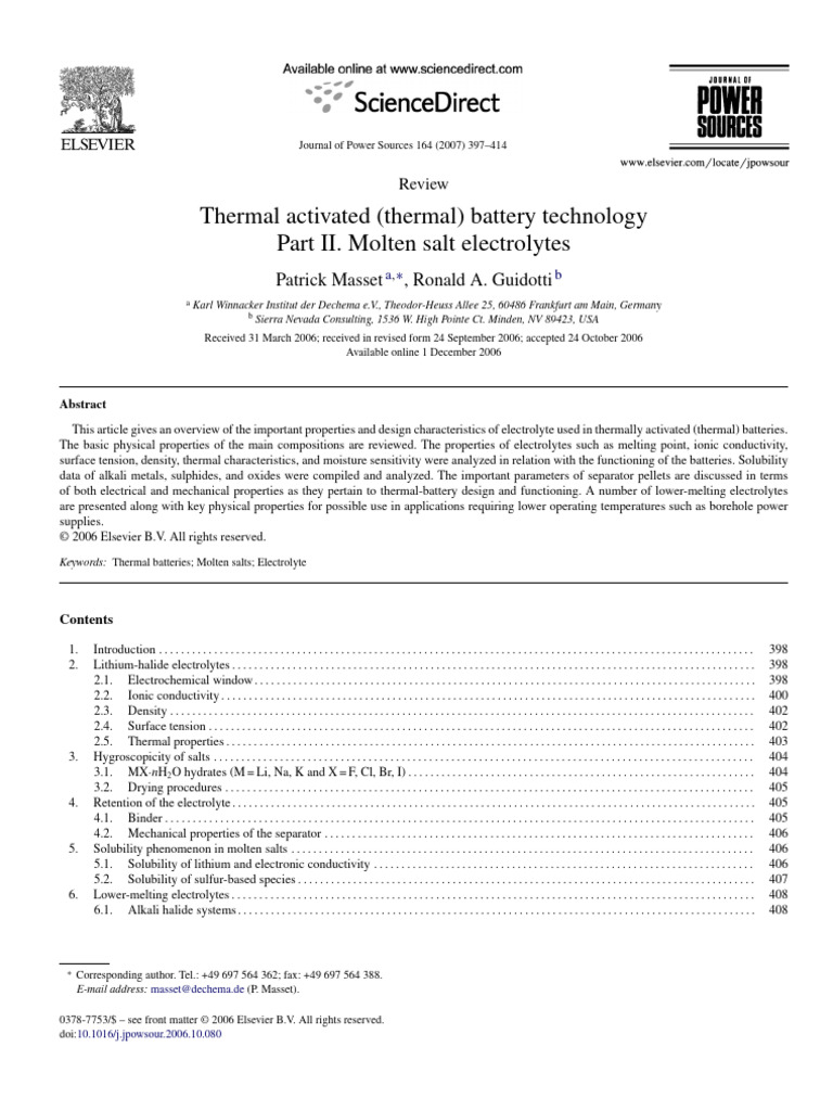 Thermal Activated (Thermal) Battery Technology - Part II. Molten Salt ...