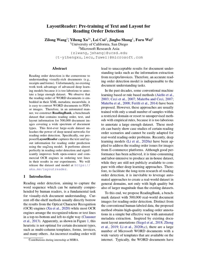 Layoutreader Pre Training Of Text And Layout For Reading Order Detection Pdf Optical