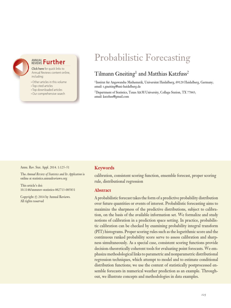 Gneiting Katzfuss 2014 Probabilistic Forecasting | PDF | Probability Theory | Probability ...