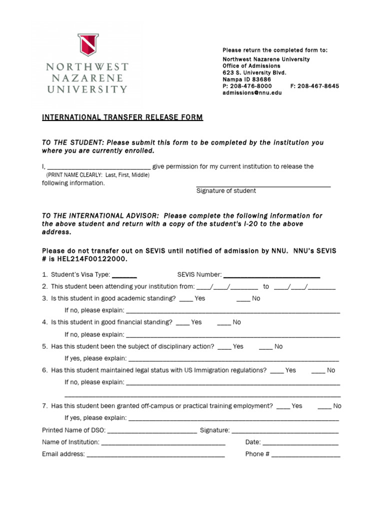 Transfer Release Form | PDF | Immigration Law | Cultural Globalization