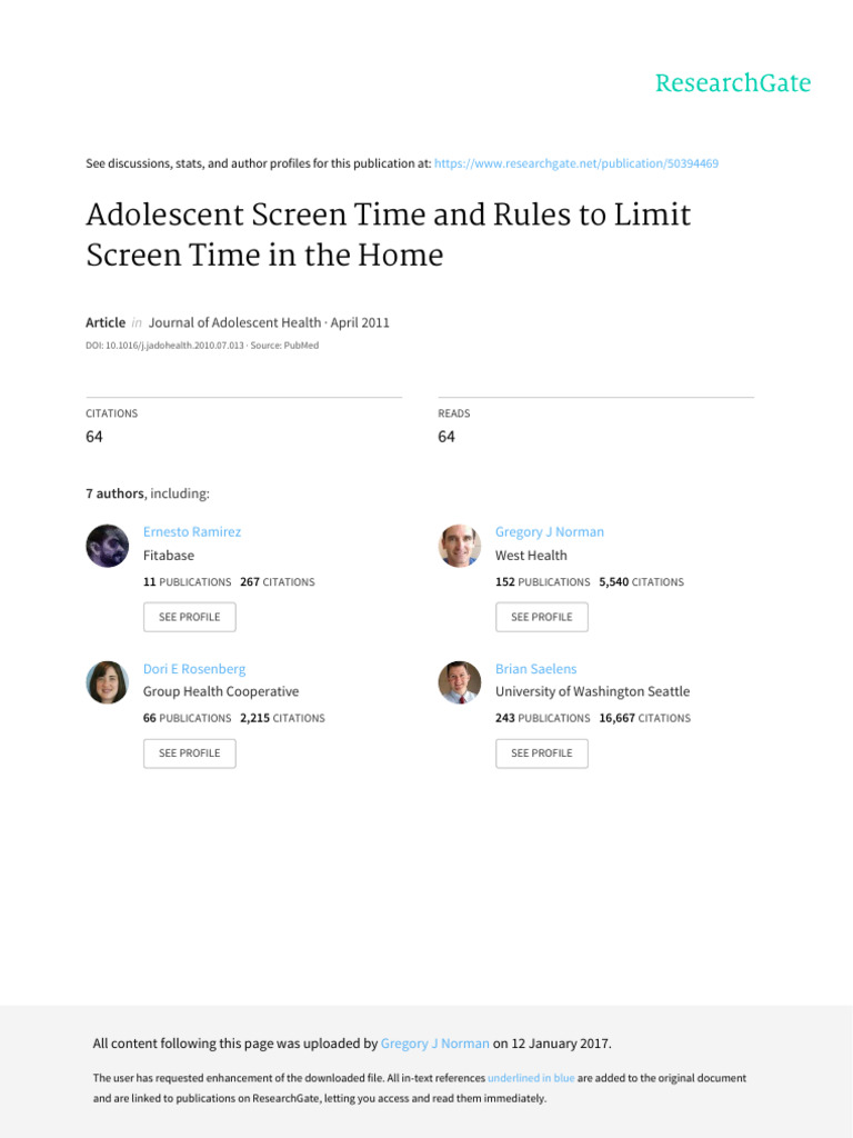 Adolescent Screen Time and Rules To Limi | PDF | Statistics ...