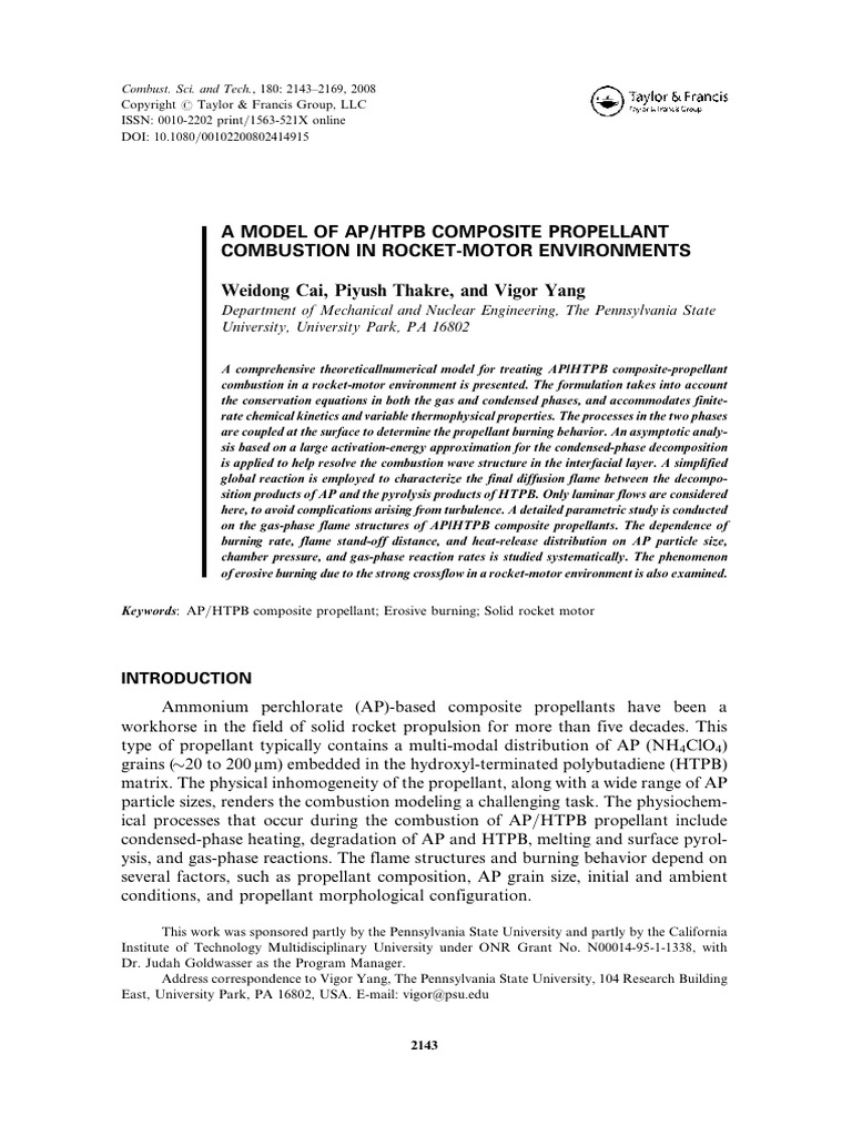 A Model of Ap-Htpb Composite Propellant | PDF | Combustion | Rocket Engine