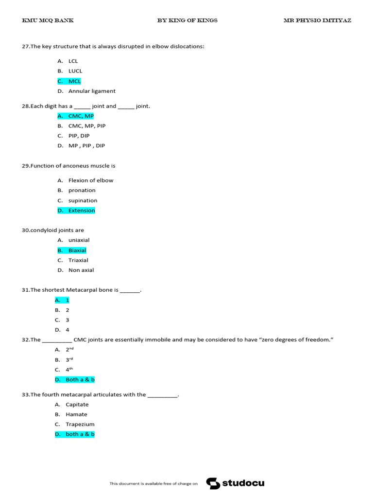Elbow and Hand Anatomy MCQs | PDF