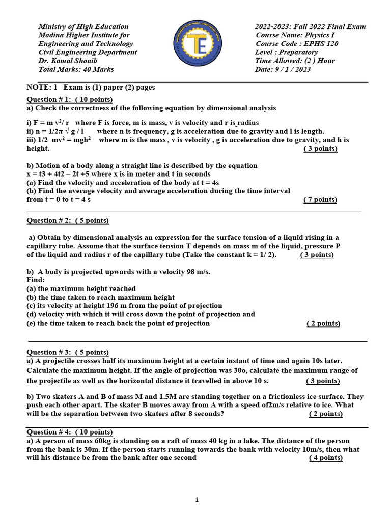 Fall 2022 Physics 1 Final Exam | PDF | Acceleration | Polymers